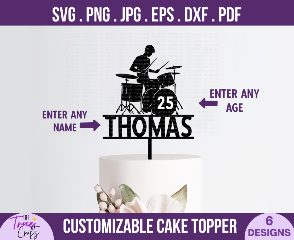 Drummer Silhouette Cake Topper SVG Bundle – DIY Personalized Name & Age ...